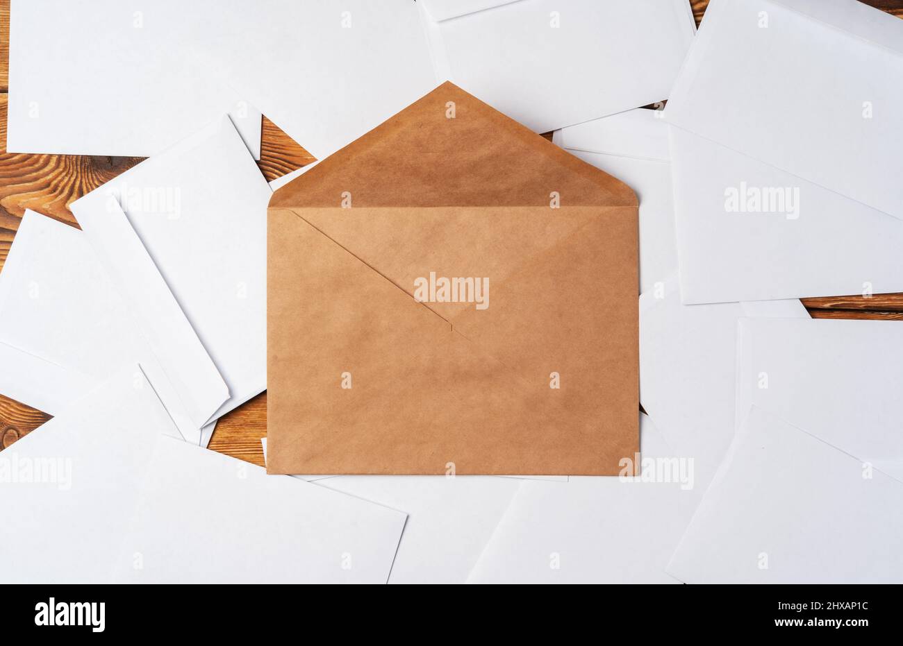 Stack of envelopes on working desk top view. Business mail Stock Photo ...