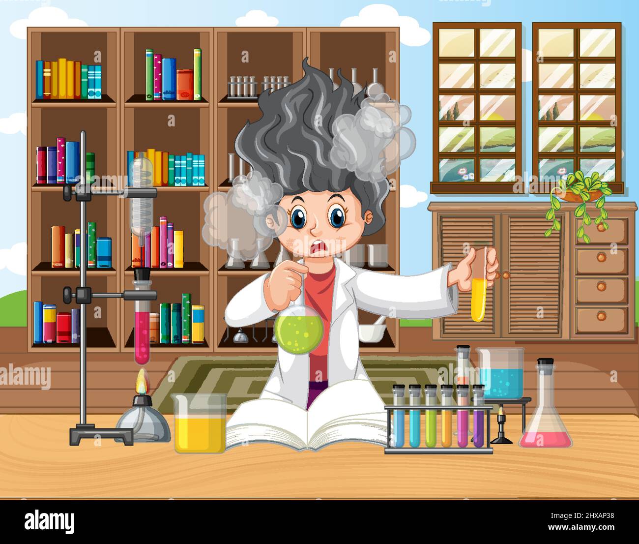Laboratory scene with scientist cartoon character illustration Stock ...