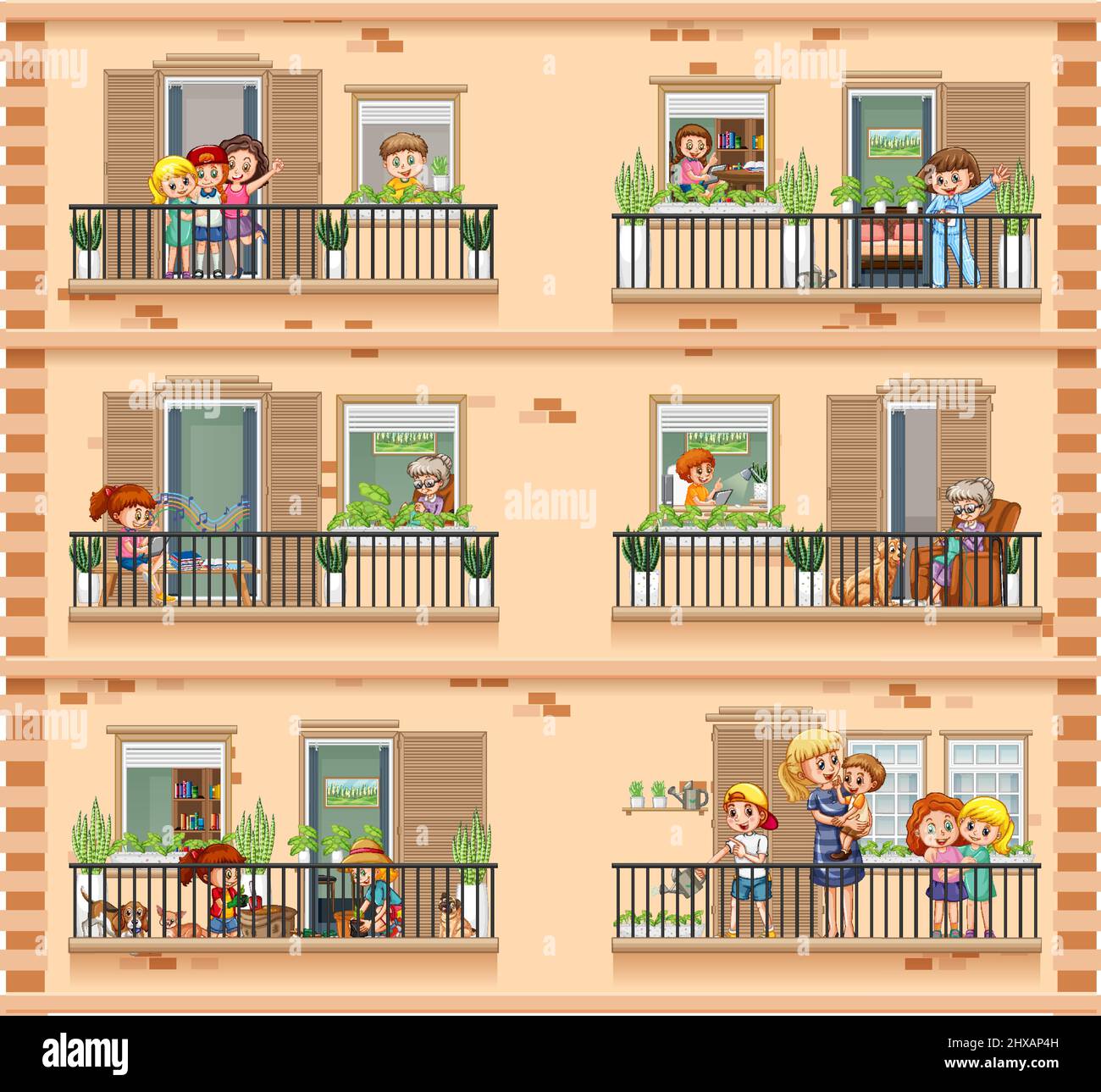 Apartment windows with neighbors cartoon character illustration Stock ...