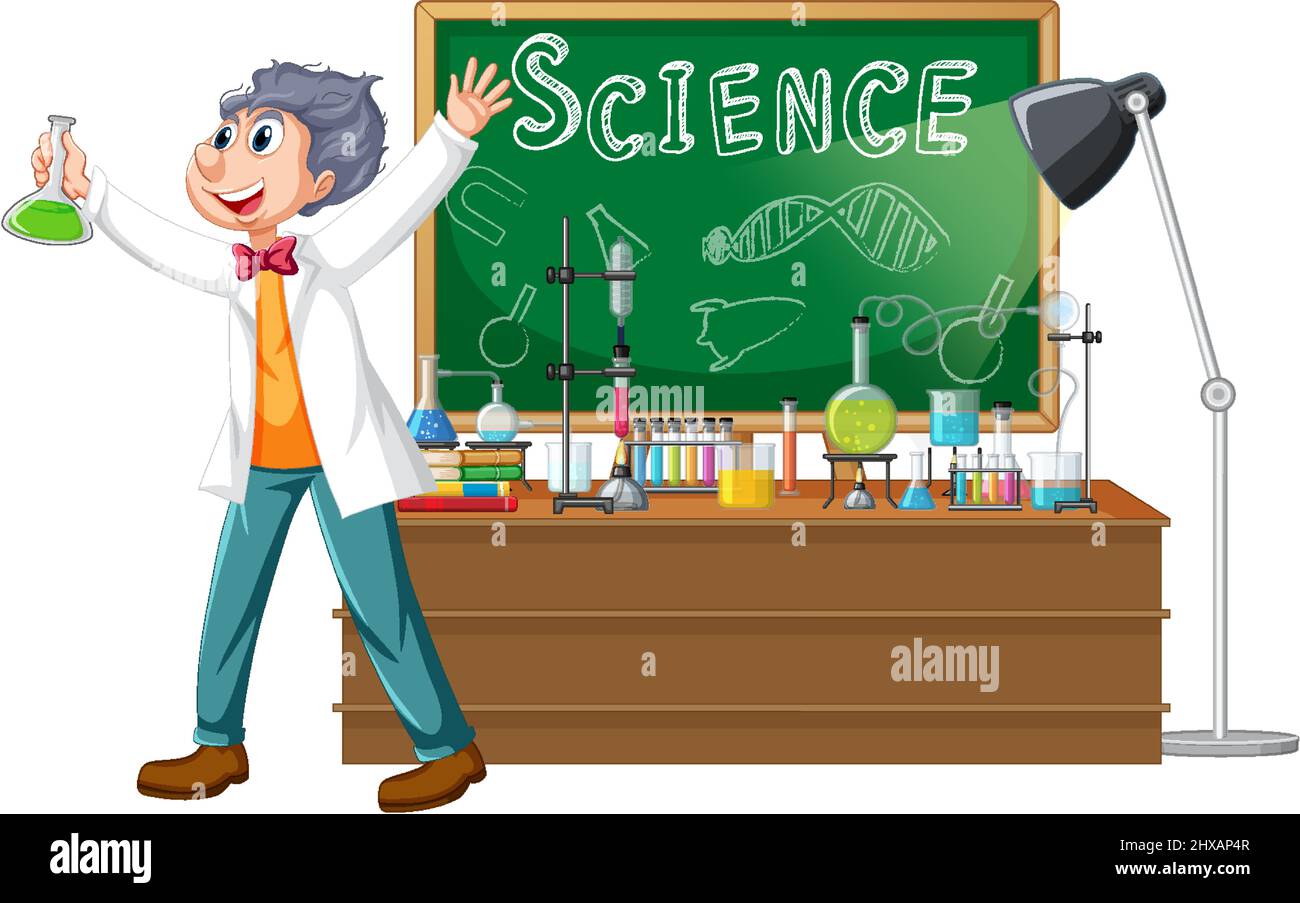 Scientist cartoon character with science lab objects illustration Stock ...