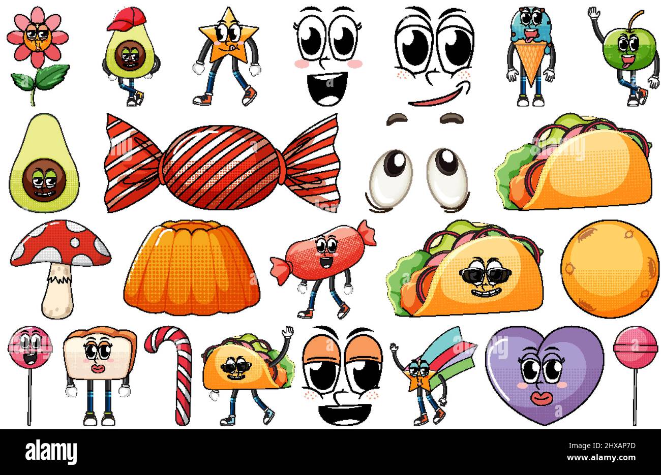 Set of facial expression with vintage style food cartoon on white ...