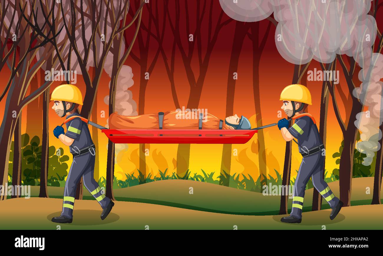 Wildfire scene with firerman rescue in cartoon style illustration Stock ...