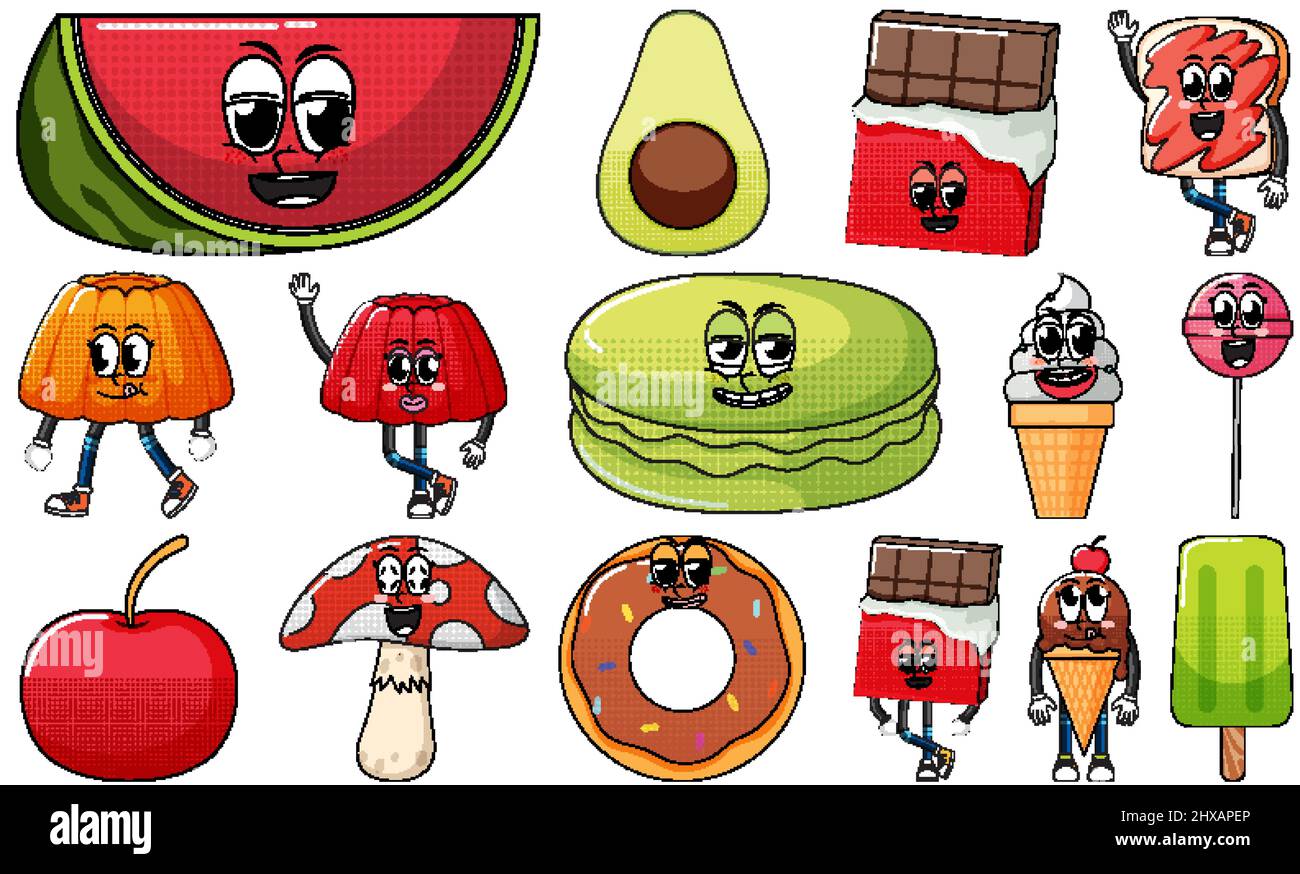 Set of facial expression with vintage style food cartoon on white ...