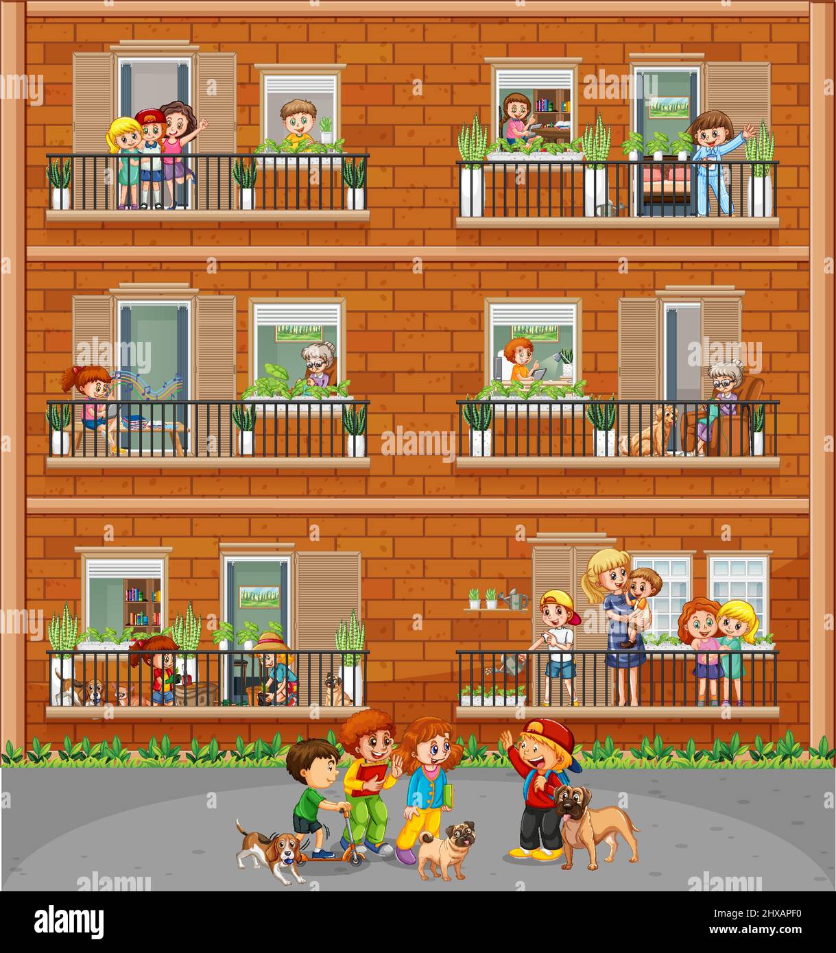 Apartment windows with neighbors cartoon character illustration Stock ...