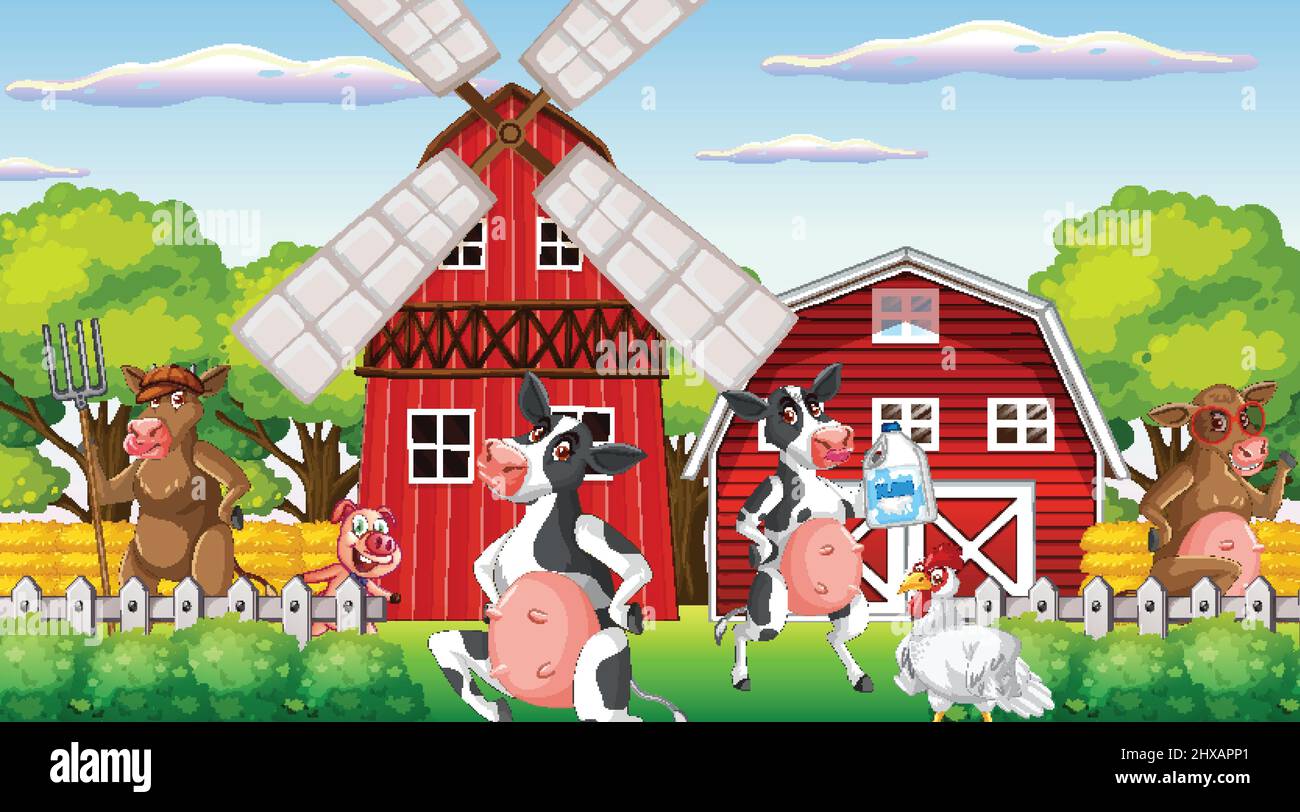 Outdoor cow farm scene with happy animals cartoon illustration Stock ...