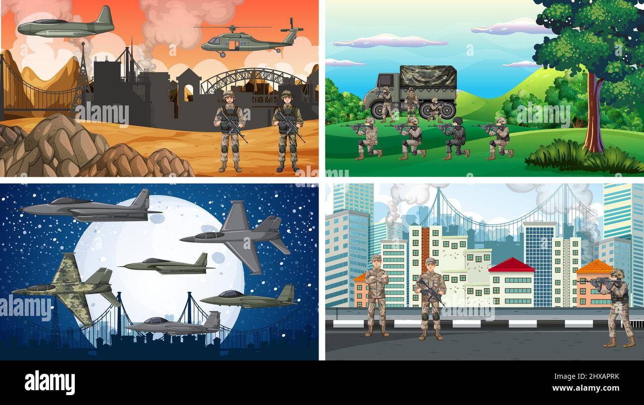 Set of different army war scenes illustration Stock Vector Image & Art ...