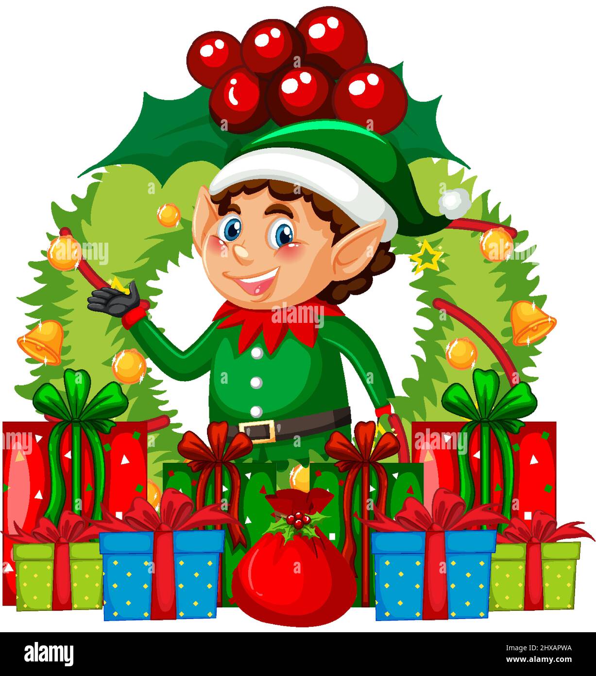 Cartoon elf Christmas wreath with many gift boxes illustration Stock ...