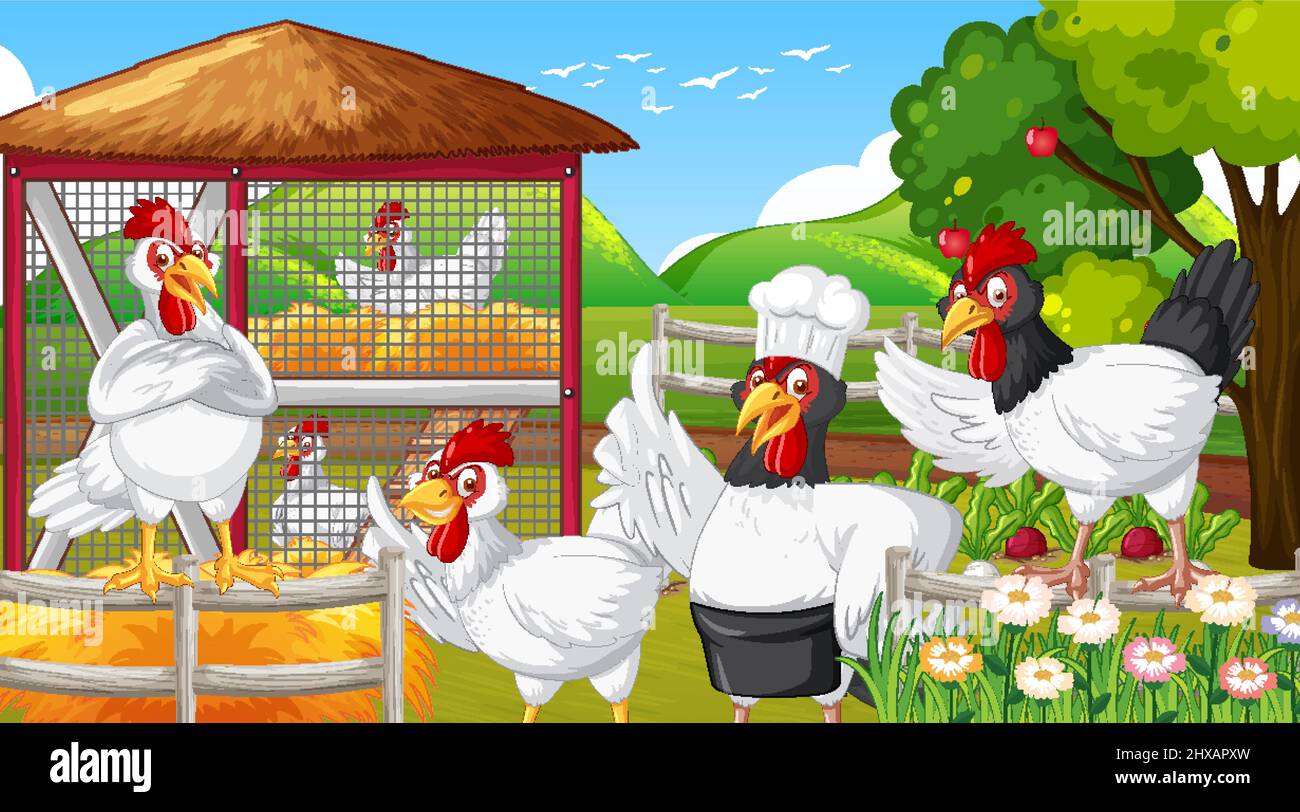 Chickens group cartoon character in farm scene illustration Stock ...
