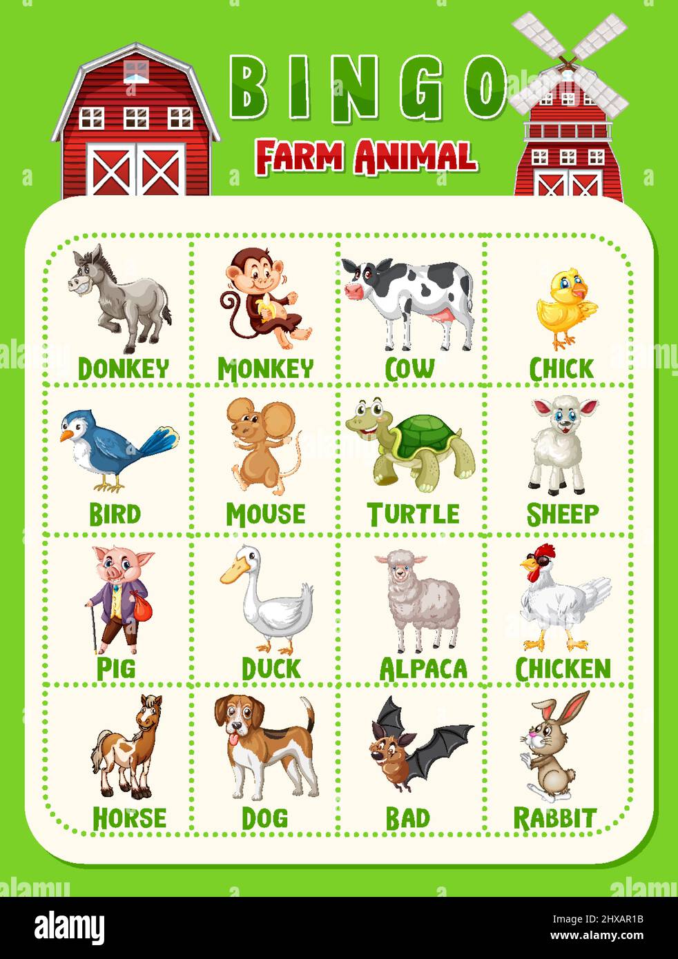 Bingo game with farm animals theme illustration Stock Vector Image ...