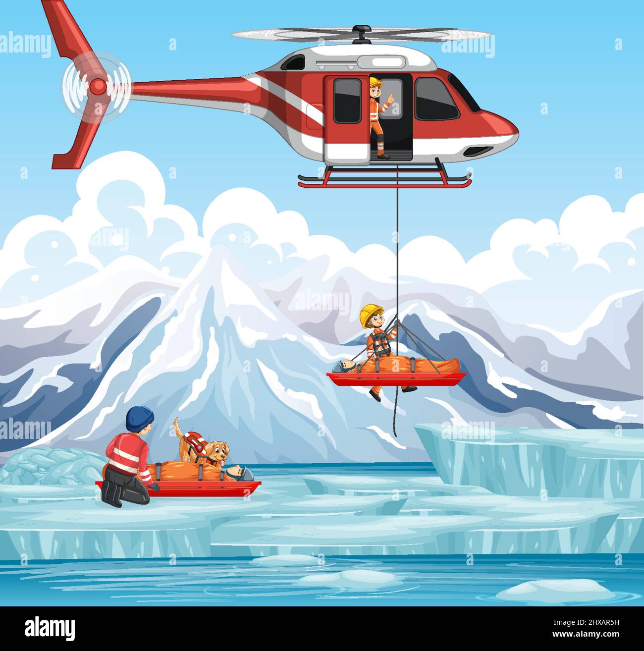 Snow mountain scene with firerman rescue in cartoon style illustration ...