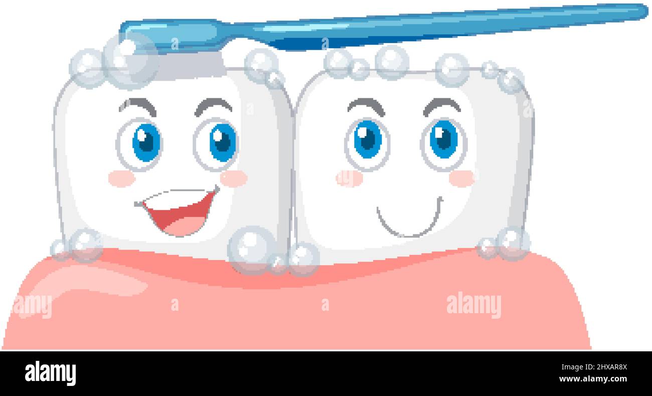 Happy tooth brushing itself with dental cleaning equipment illustration ...