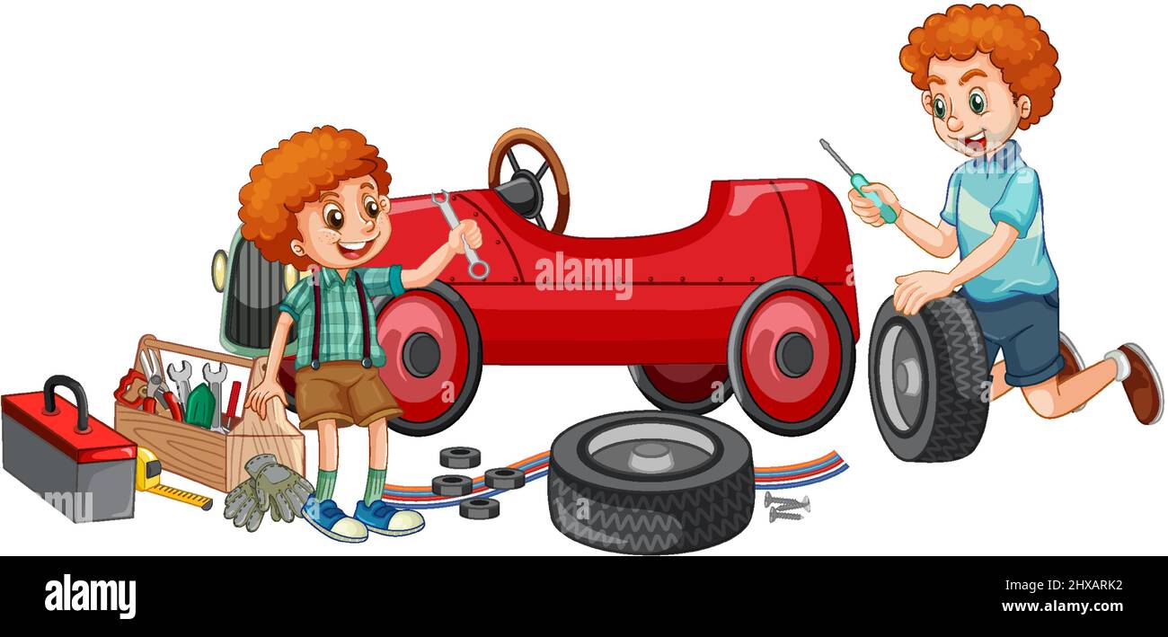 Dad and son repairing a car together illustration Stock Vector Image ...
