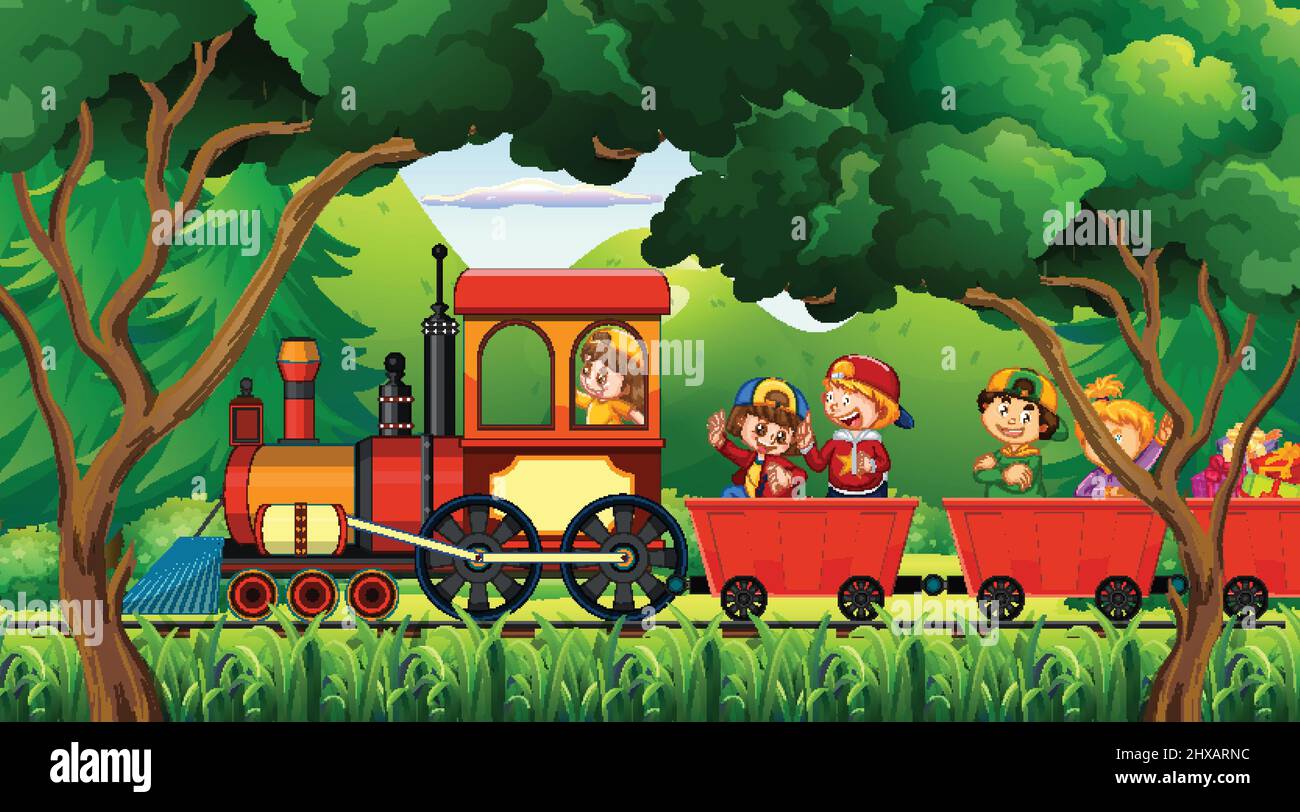 A kids in a train with natural scene illustration Stock Vector Image ...