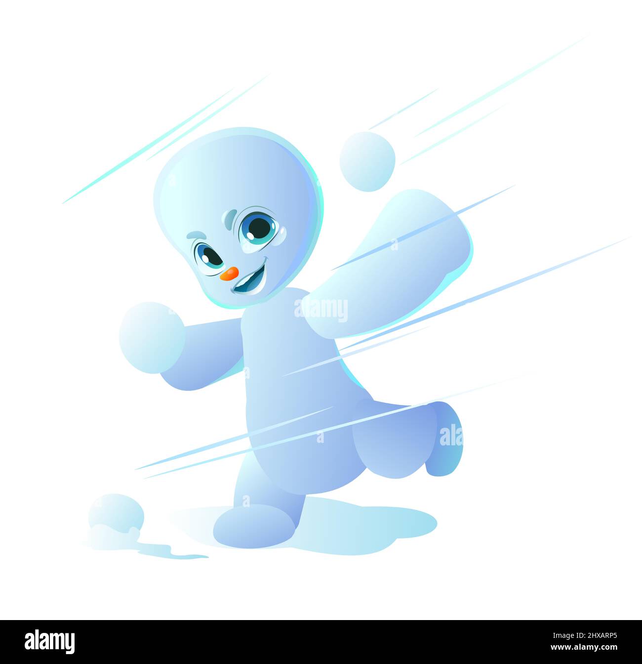 Little snowman throws snowballs. Cartoon person stands and smiles. Fun ...