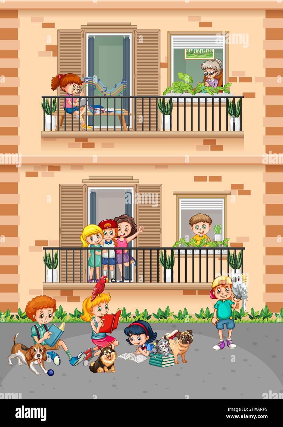 Apartment windows with neighbors cartoon character illustration Stock ...