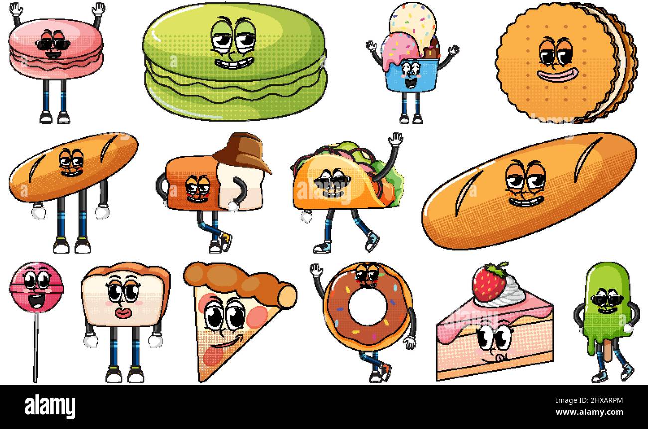 Set of facial expression with vintage style food cartoon on white ...