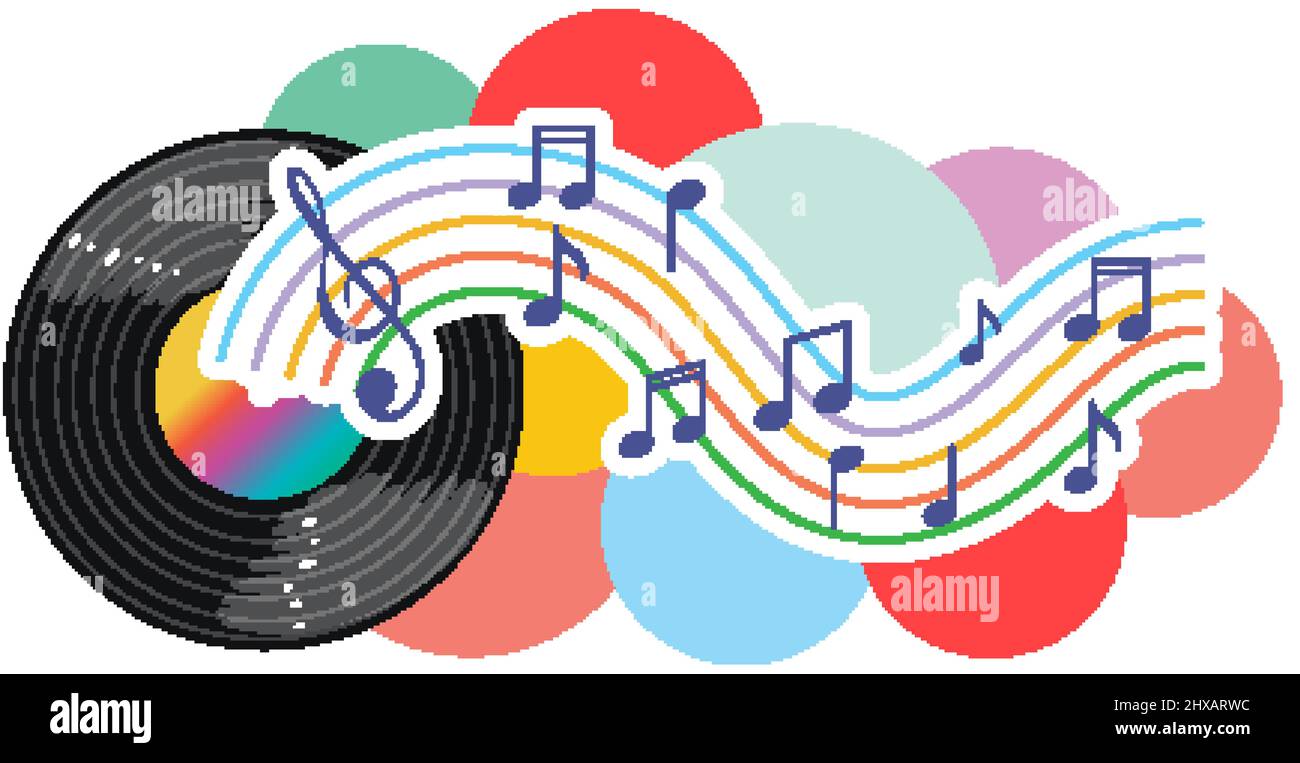 Music notes rainbow colourful with vinyl record on white background ...