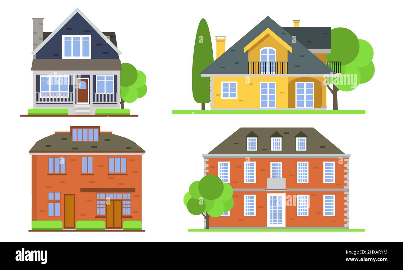 Houses exterior vector illustration front view with roof. Modern ...