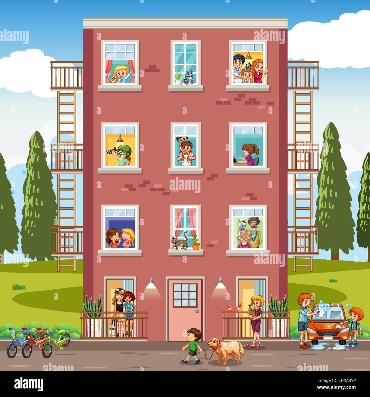 Apartment windows with neighbors cartoon character illustration Stock ...