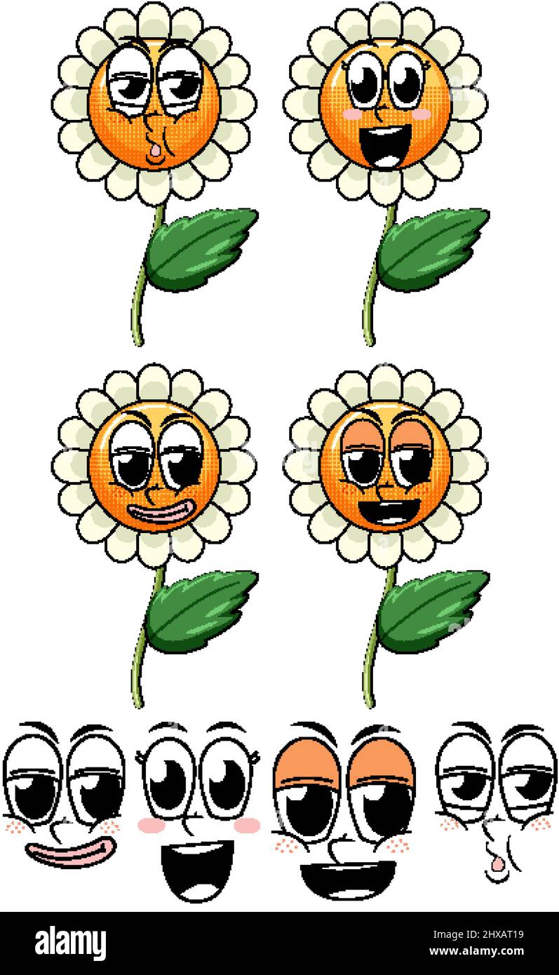 Set of facial expression vintage style cartoon with sunflower on white ...