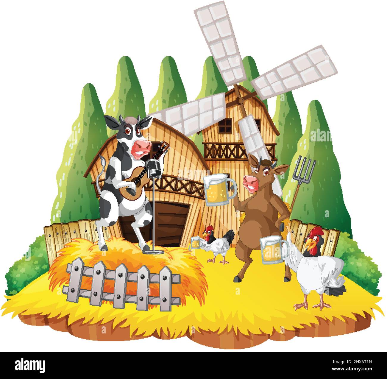 Outdoor cow farm scene with happy animals illustration Stock Vector ...