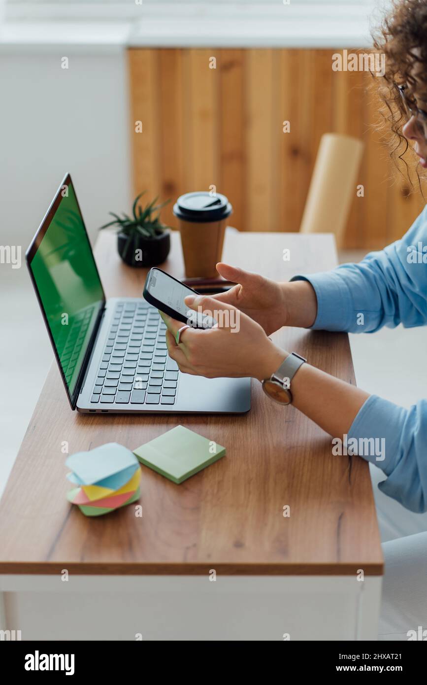 close-up workspace with laptop, telephone and coffee. Office Stock ...