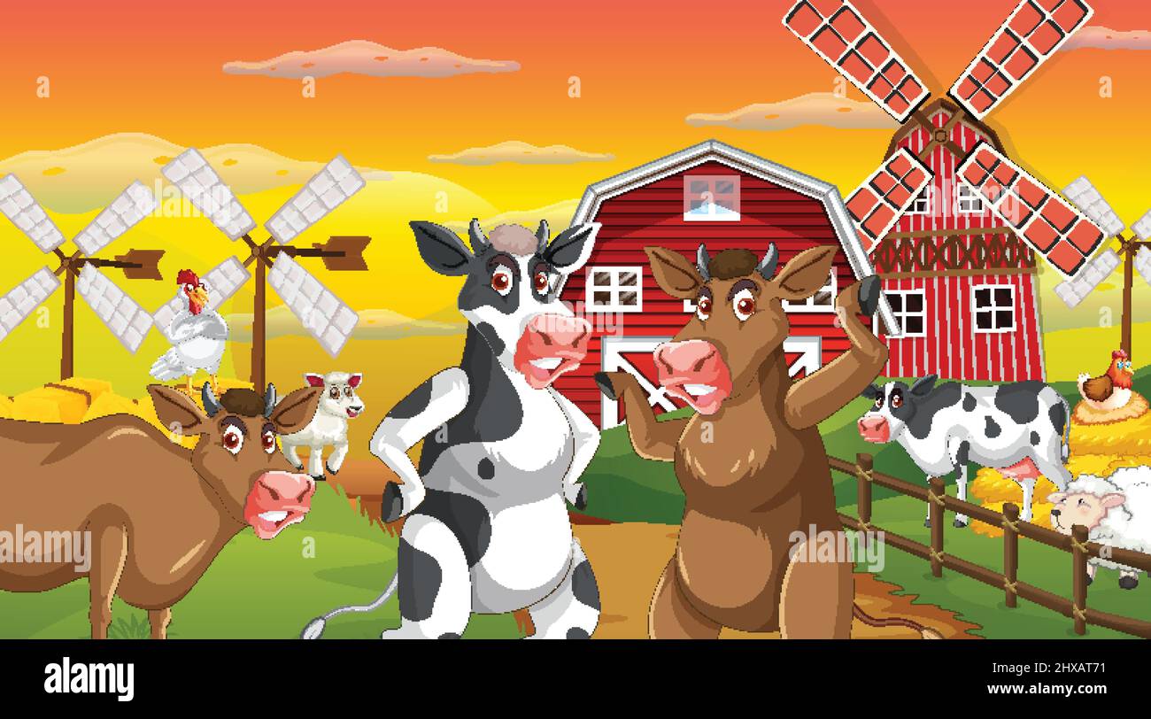 Outdoor cow farm scene with happy animals cartoon illustration Stock ...