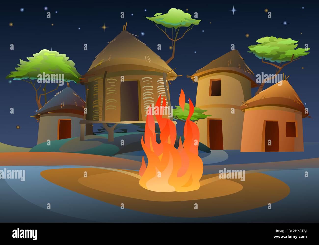 Night by fire. Africa village. Rural houses made of clay and straw ...