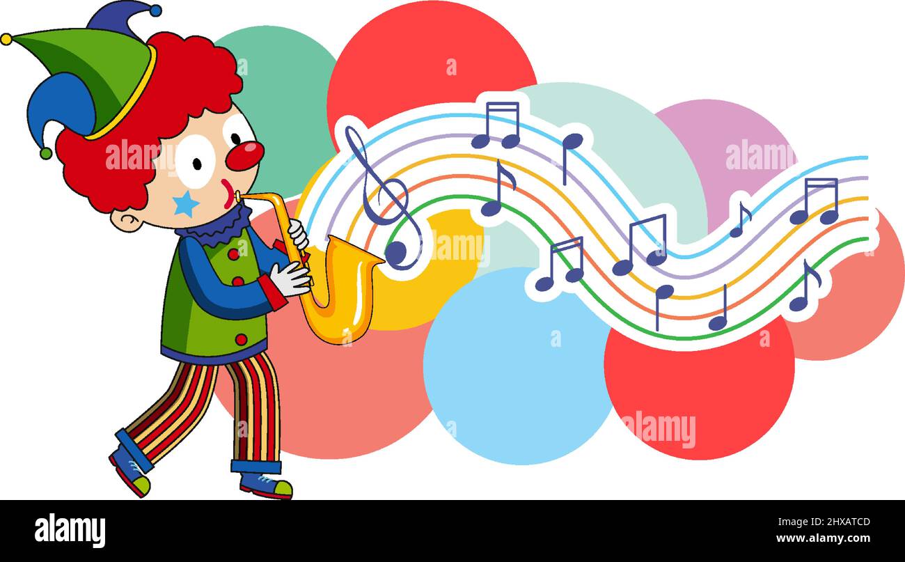 Clown blowing saxophone with music notes on white background ...