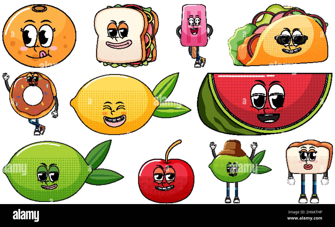 Set of facial expression with vintage style food cartoon on white ...