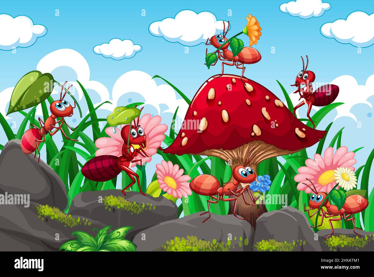 Happy insect in nature fairy tale scene illustration Stock Vector Image ...