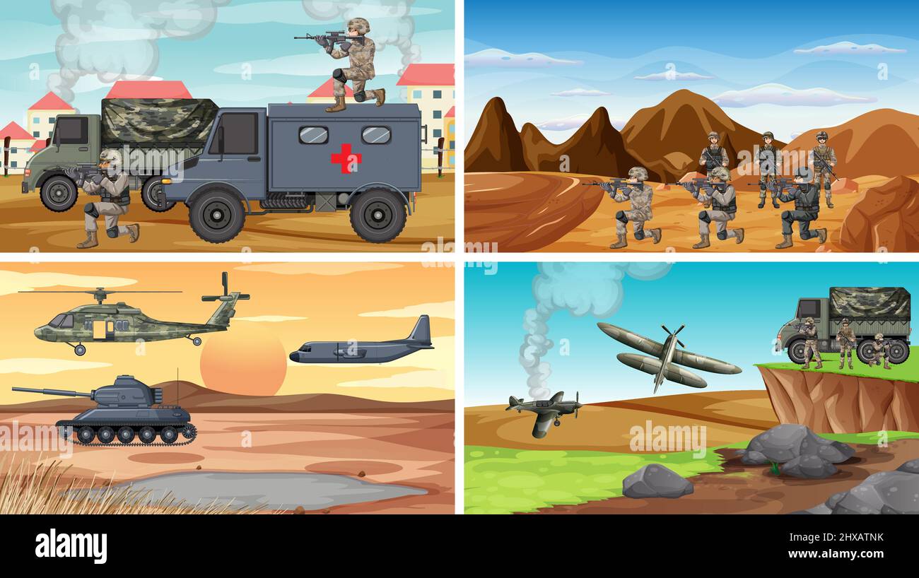 Set of different army war scenes illustration Stock Vector Image & Art ...