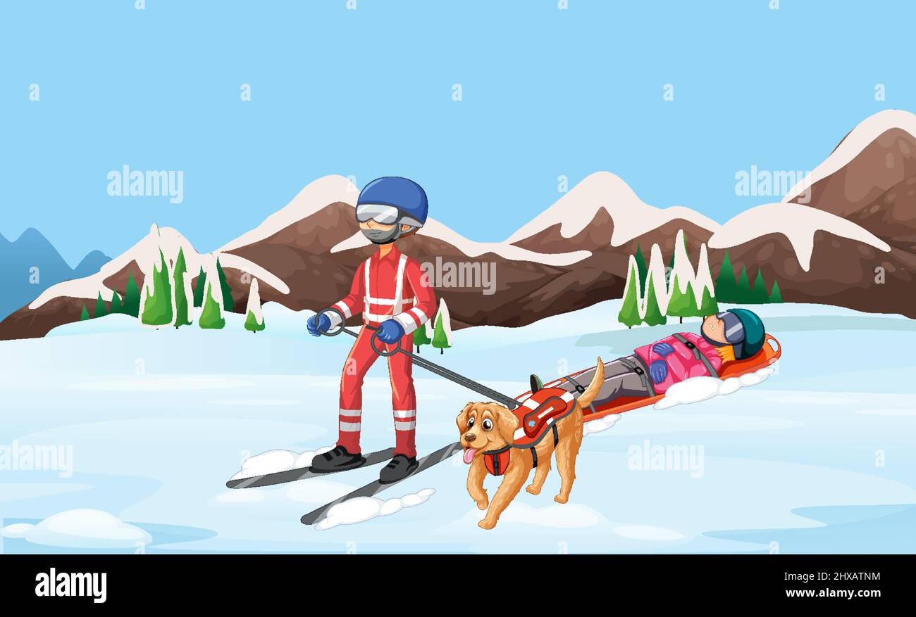 Snow scene with firerman rescue in cartoon style illustration Stock ...