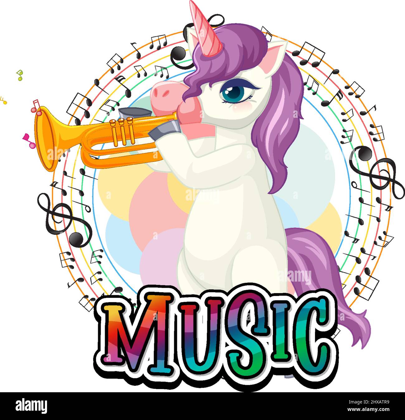Cute purple unicorn blowing trumpet with music notes on white ...