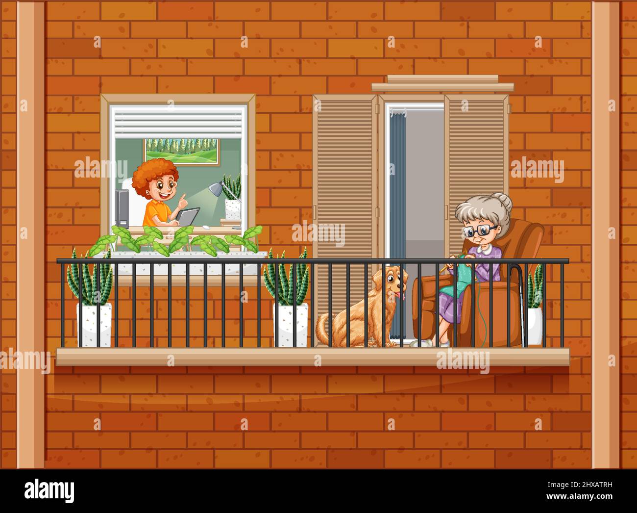 Apartment windows with neighbors cartoon character illustration Stock ...