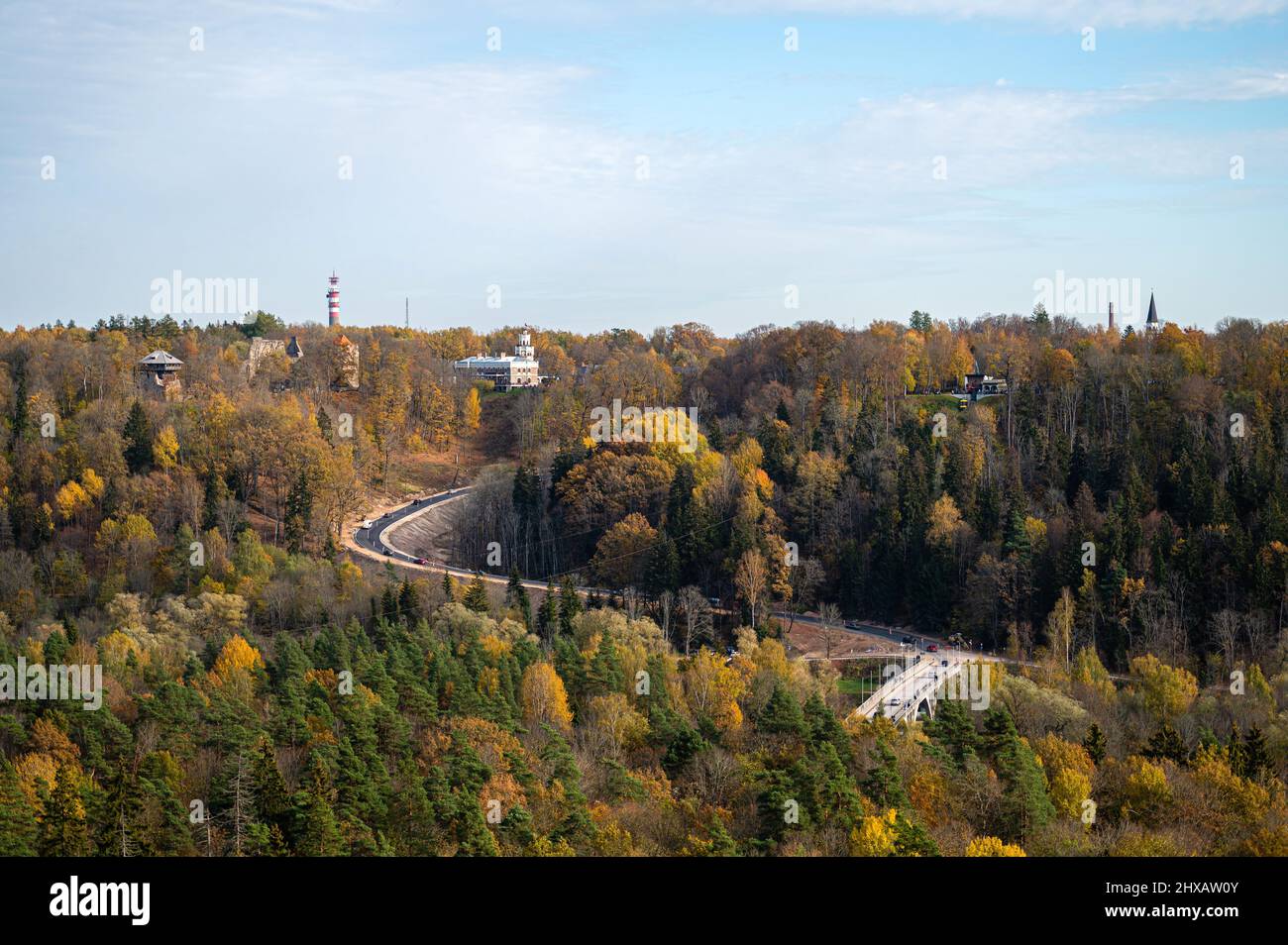 aerial view from Krimulda to the valley of the Gauja National Park, the ...