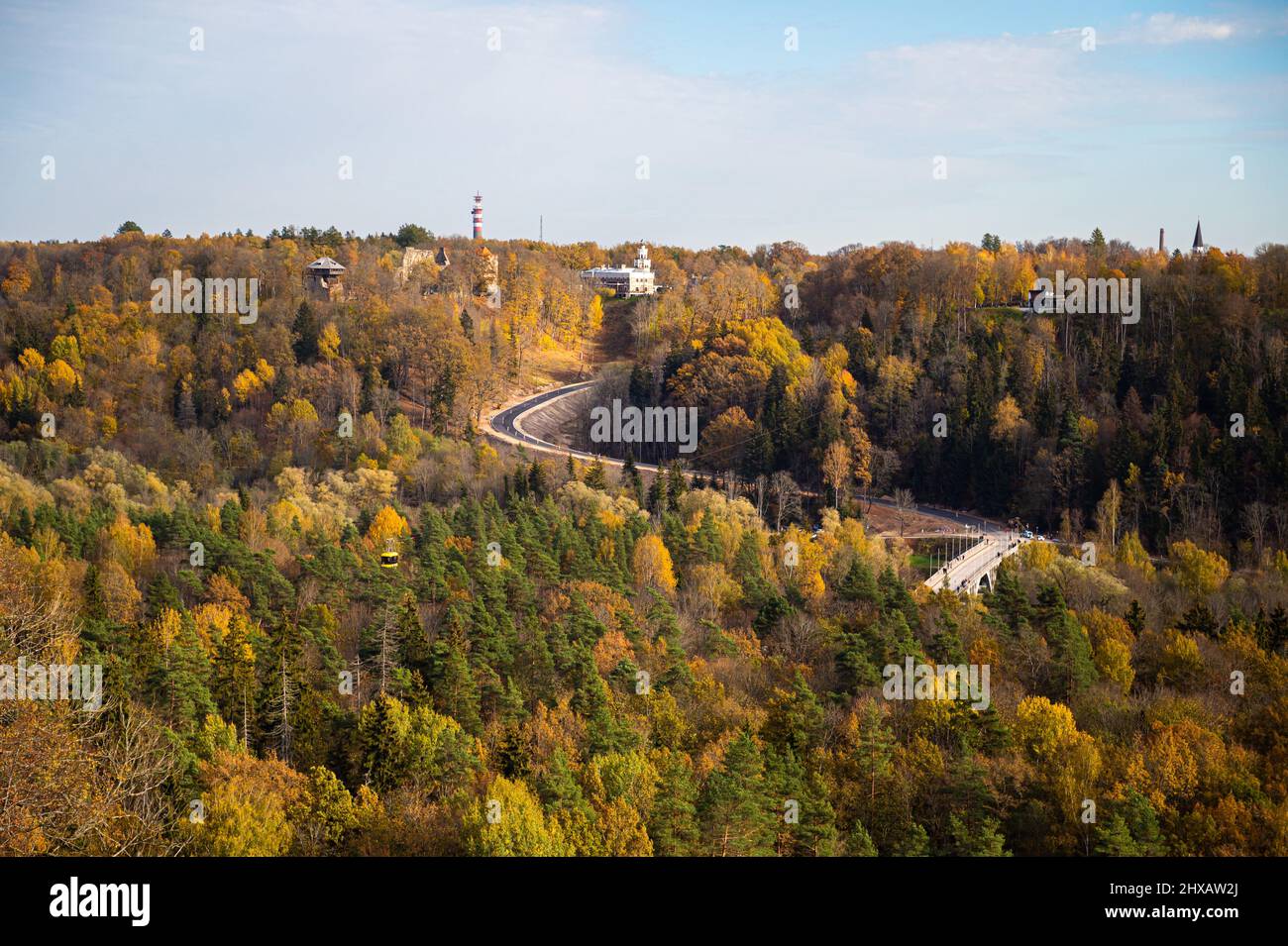 aerial view from Krimulda to the valley of the Gauja National Park, the ...