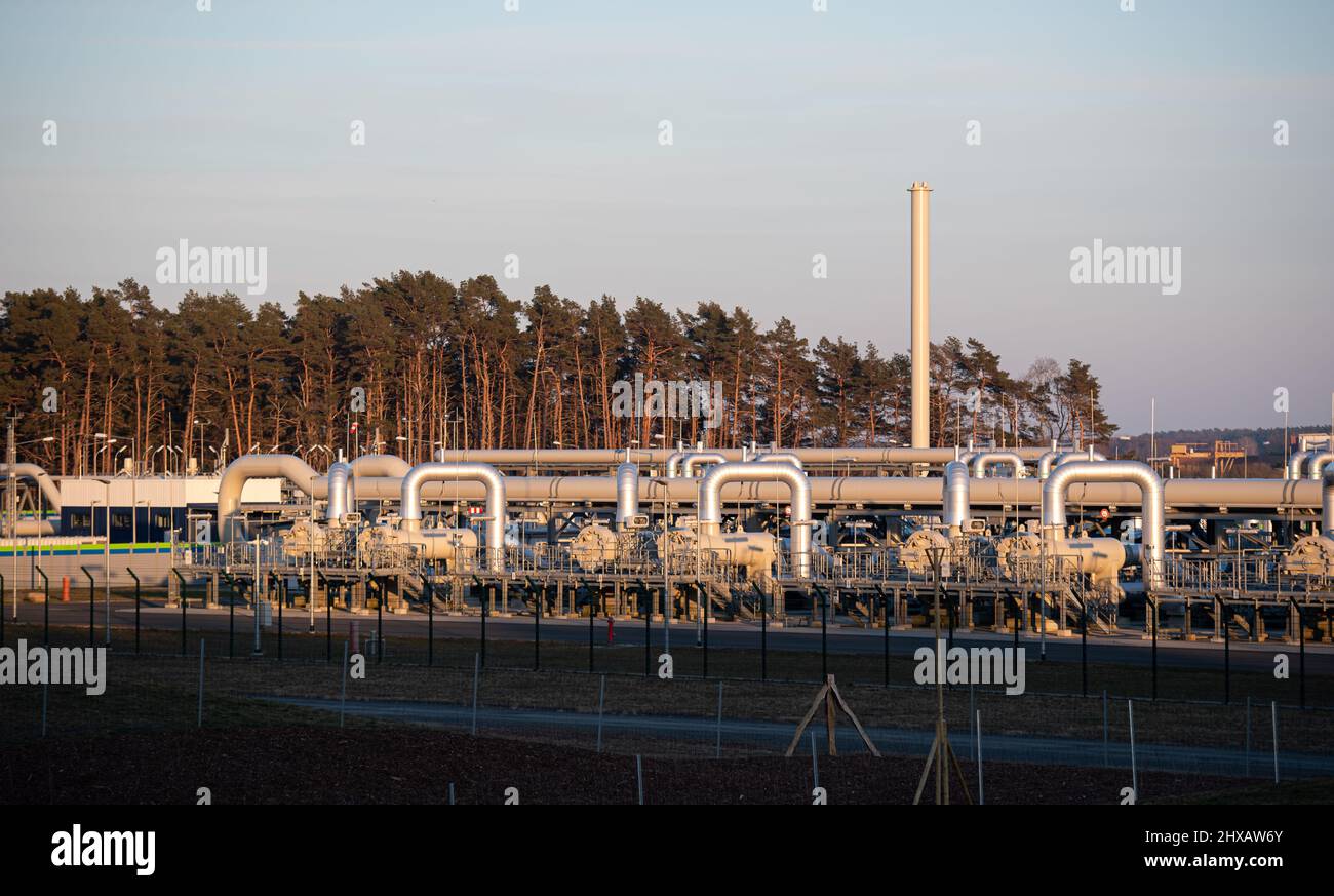 Lubmin, Germany. 10th Mar, 2022. View of pipe systems and shut-off ...