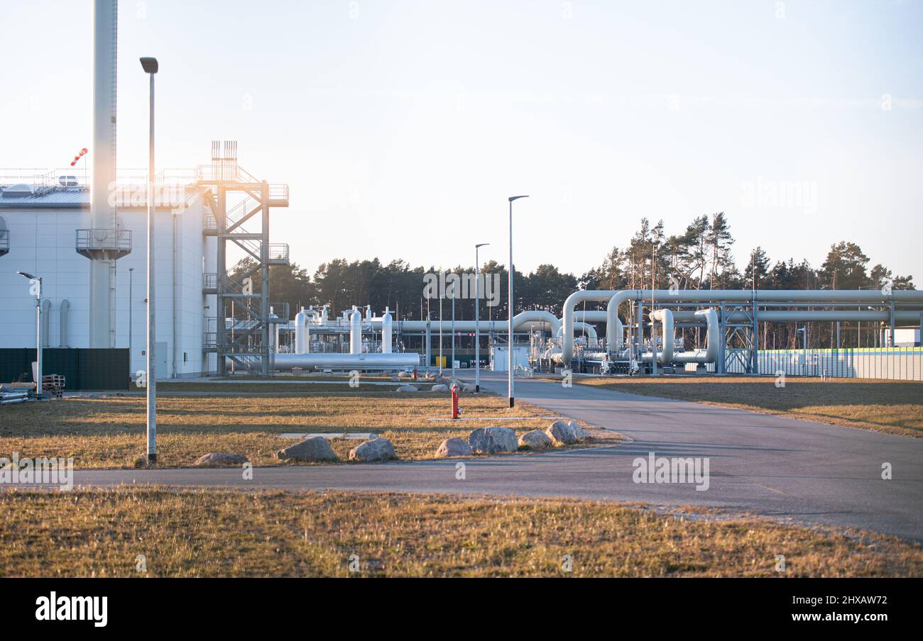 Lubmin, Germany. 10th Mar, 2022. View of pipe systems and shut-off ...