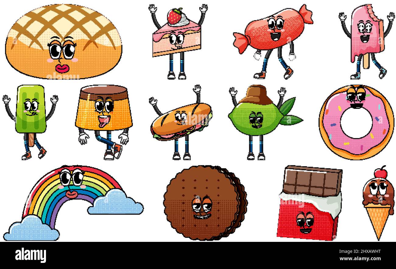 Set of facial expression with vintage style food cartoon on white ...