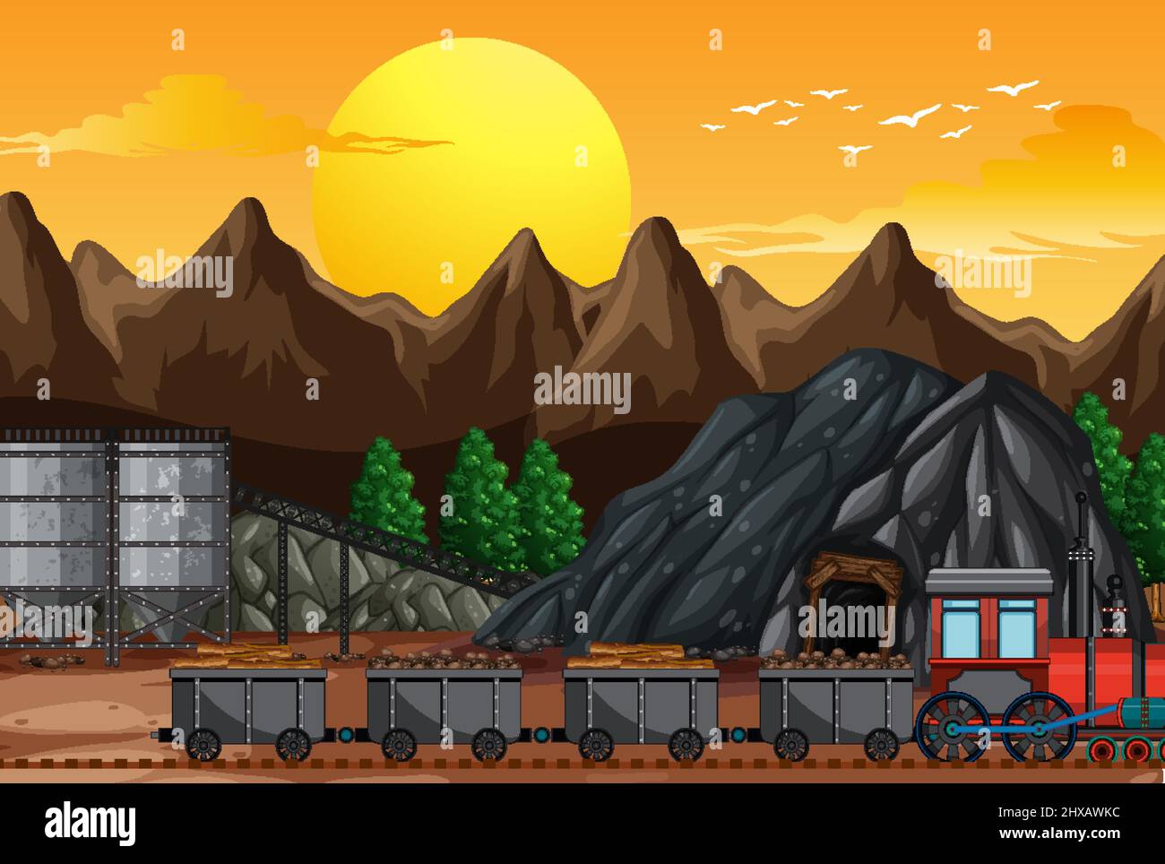 Outdoor scene with a steam locomotive train illustration Stock Vector ...