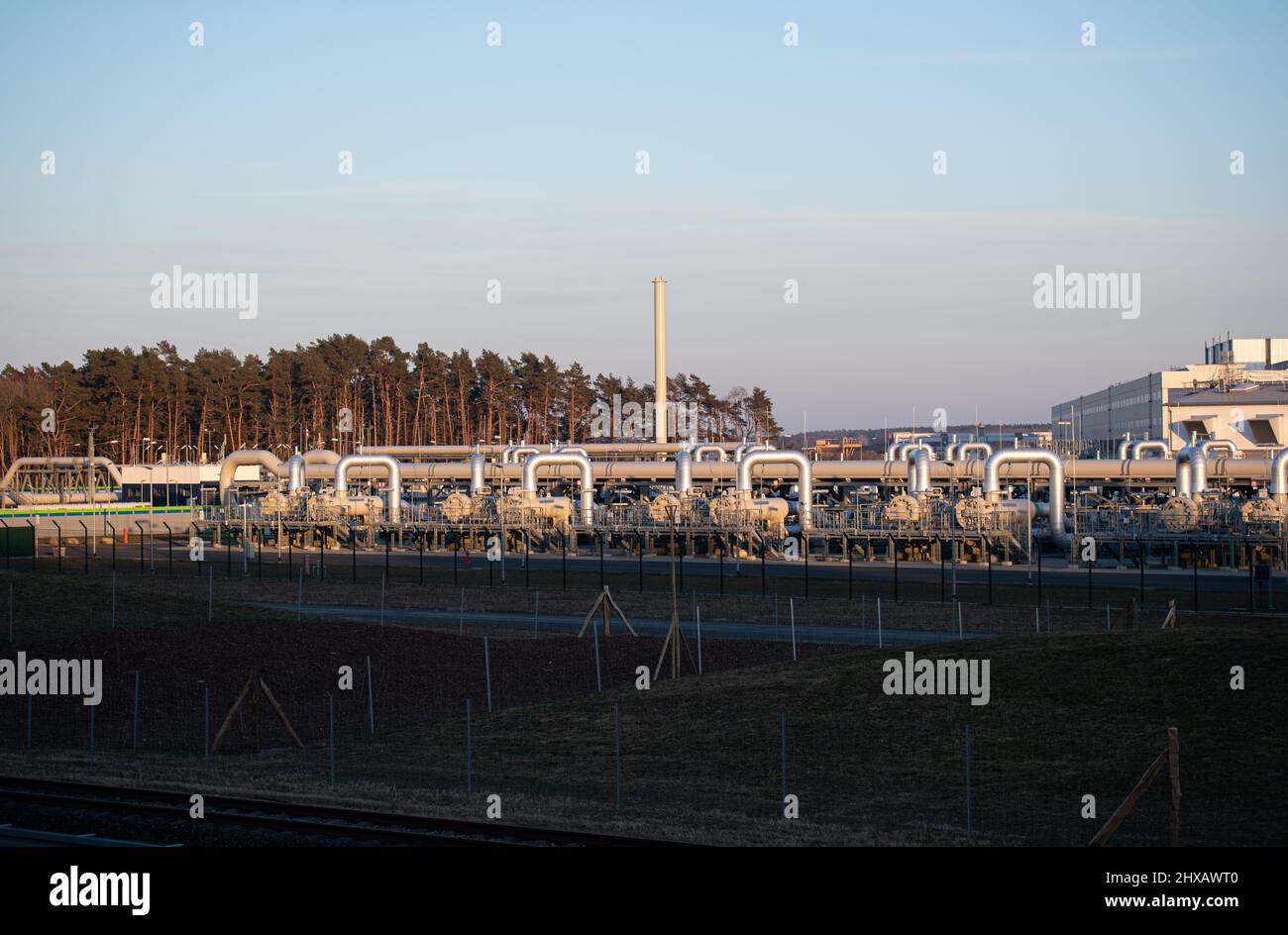Lubmin, Germany. 10th Mar, 2022. View of pipe systems and shut-off ...