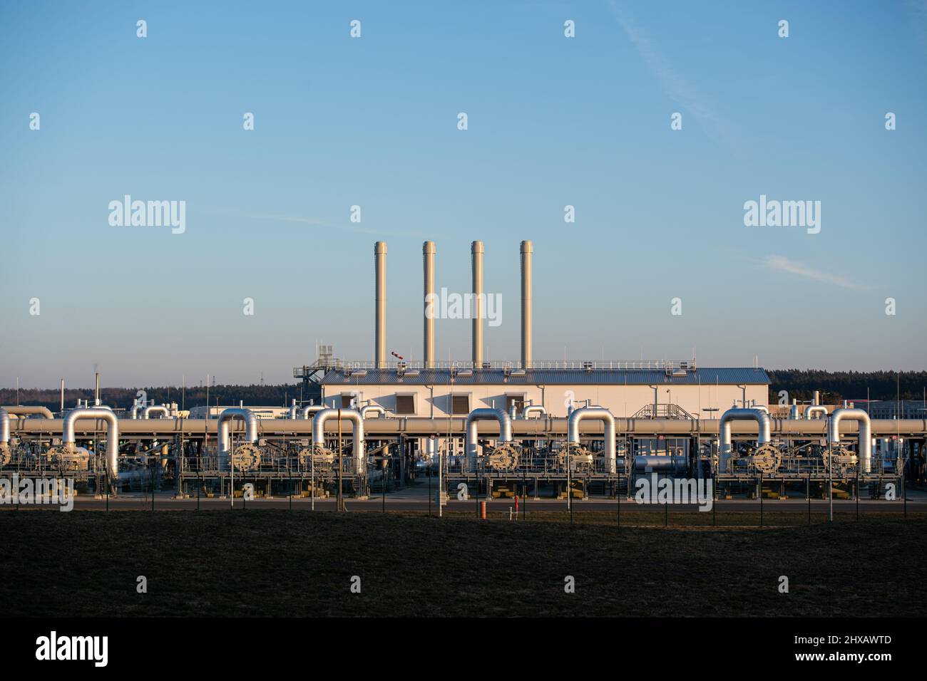 Lubmin, Germany. 10th Mar, 2022. View of pipe systems and shut-off ...