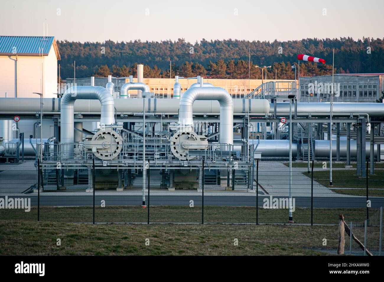 Lubmin, Germany. 10th Mar, 2022. View of pipe systems and shut-off ...