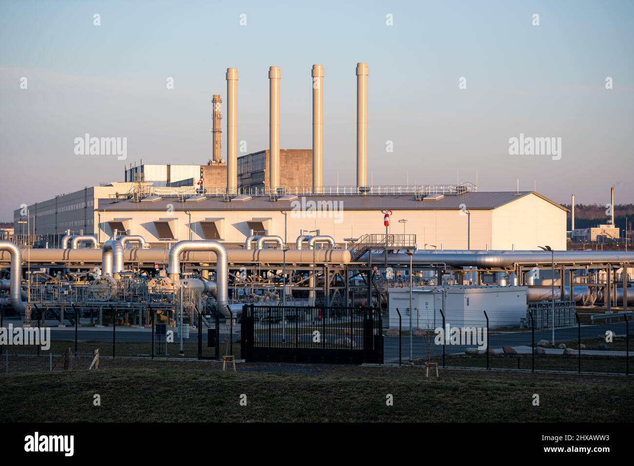 Lubmin, Germany. 10th Mar, 2022. View of pipe systems and shut-off ...