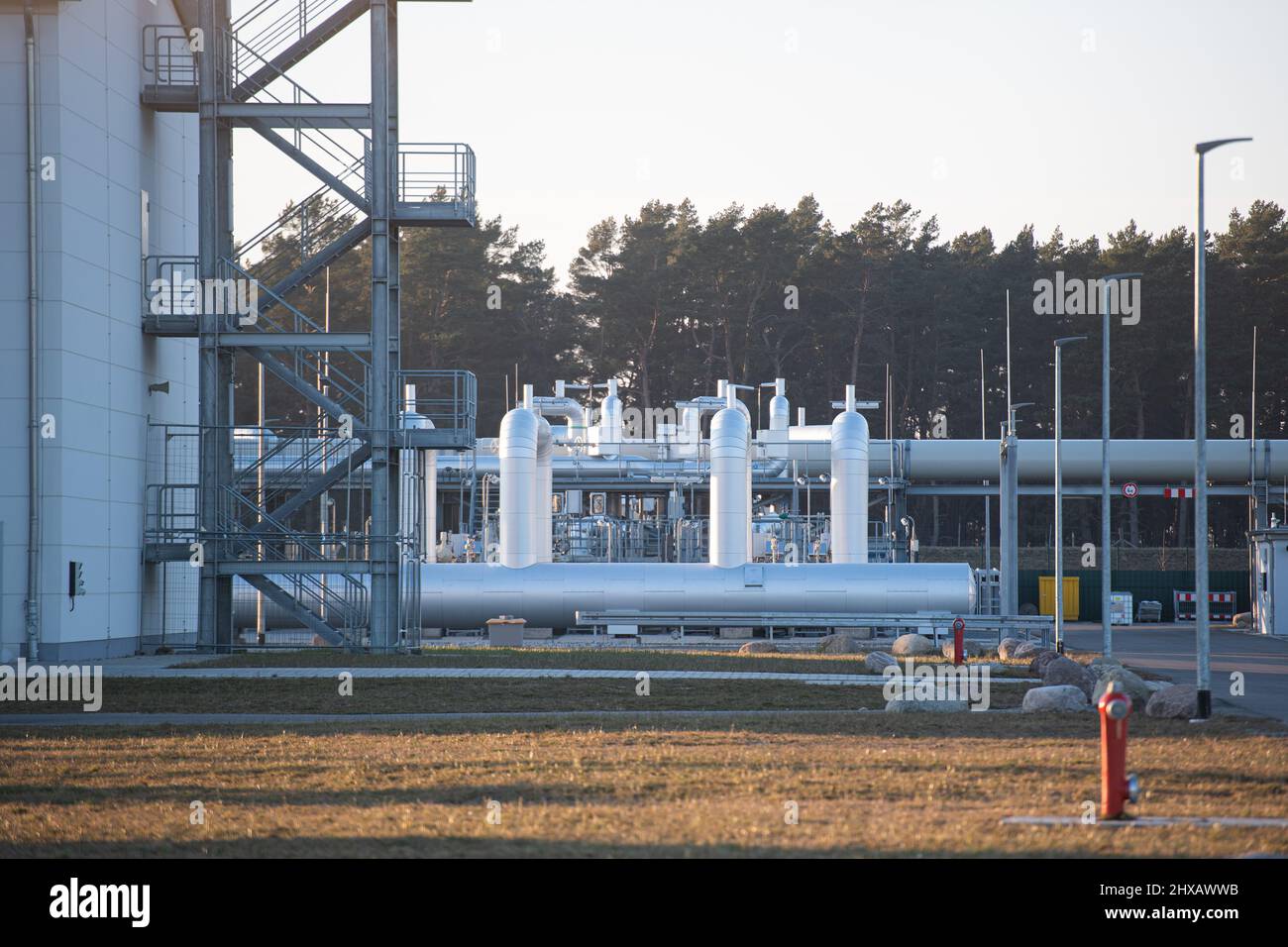 Lubmin, Germany. 10th Mar, 2022. View of pipe systems and shut-off ...