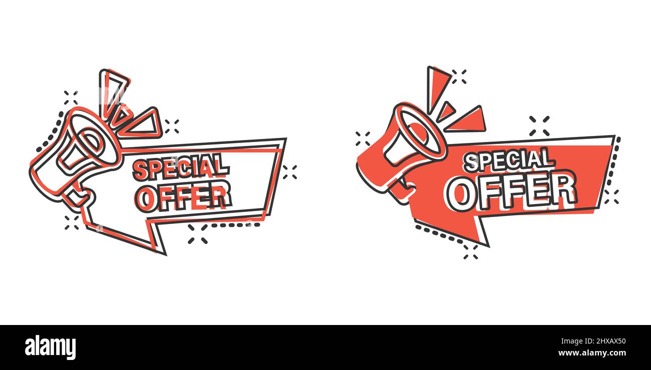 Special offer label icon in comic style. Megaphone with discount ...