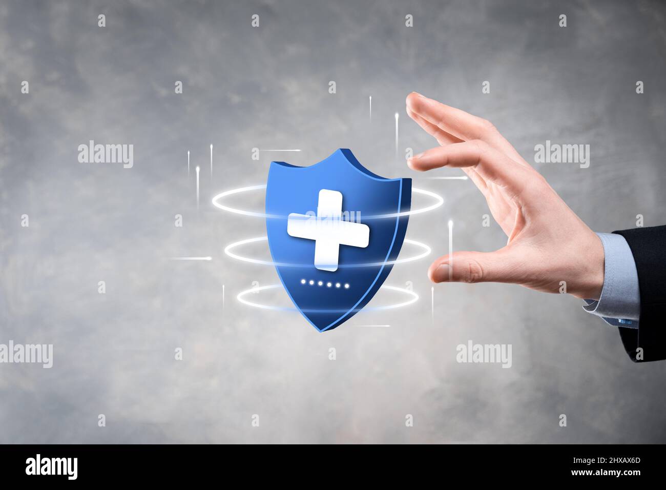 Businessman hold Shield with plus Low polygonal icon, medicine icon ...