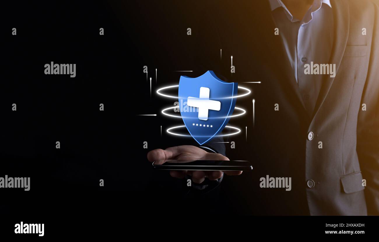 Businessman hold Shield with plus Low polygonal icon, medicine icon ...
