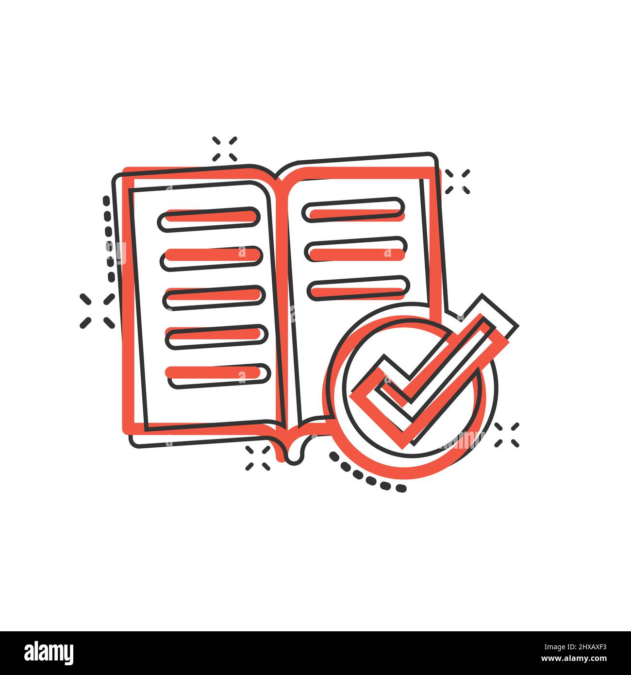 Book check mark icon in comic style. Bookmark approval cartoon vector ...